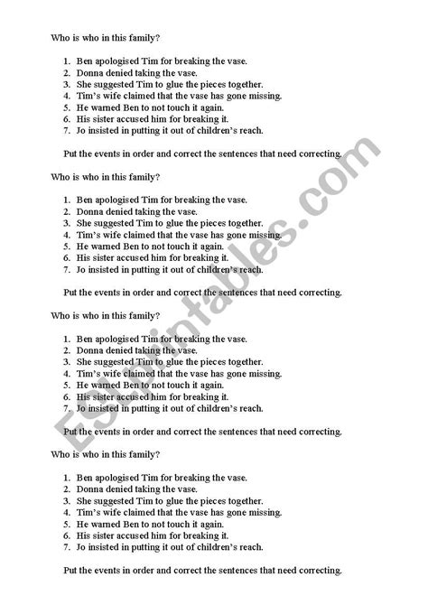 reported speech correcting errors esl worksheet by pratchettka