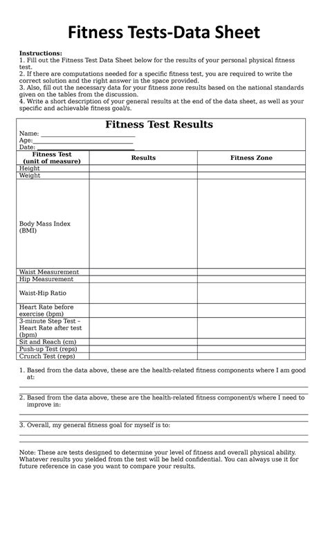 Fitness Test Data Sheet For Personal Fitness Assessment Studocu