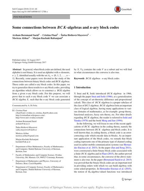Some Connections Between Bck Algebras And N Ary Block Codes Request Pdf
