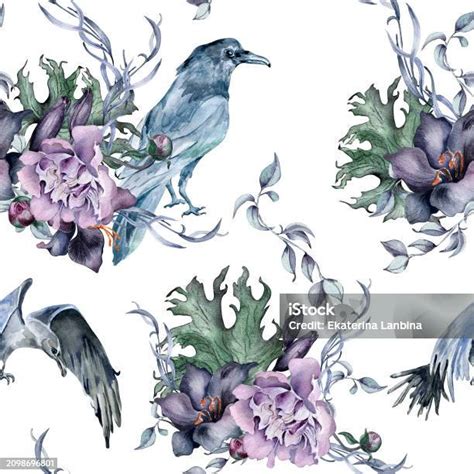 고딕 양식의 꽃 완벽 한 패턴 와 까마귀 그려진 검은 백합 모란 꽃 수채화 그림 절연 통하고 있는 White 검은 새와 어두운