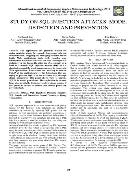 Study On SQL Injection Attacks: Mode, Detection and Prevention | PDF | Databases | Information ...