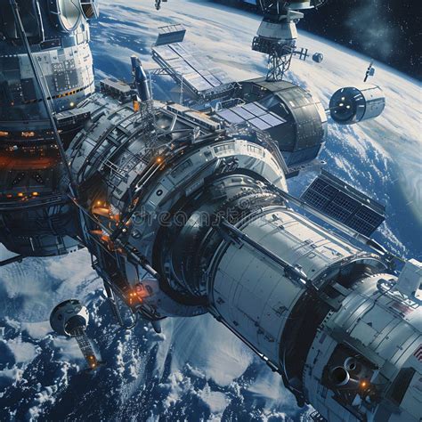 Futuristic Space Station Orbiting Earth in Detailed Render Stock Illustration - Illustration of ...