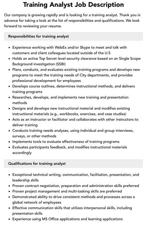 Training Analyst Job Description Velvet Jobs
