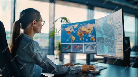 A Focused Professional Analyzes Global Data Maps On A Multimonitor