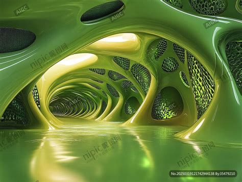 Ai创作图绿色隧道 幻想 建筑 设计 虚拟现实 3d渲染 有机形态 光线 反射 走廊 未来主义 自然 宁静 探索 昵图网