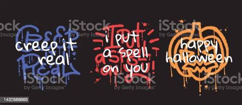 해피 할로윈을 축하하기위한 슬로건 도시 거리 낙서 레터링 따옴표 세트 그래픽 티를 인쇄합니다 검은 배경에 네온 편지 1980 년대 1990 년대 스타일의 벡터 일러스트레이션