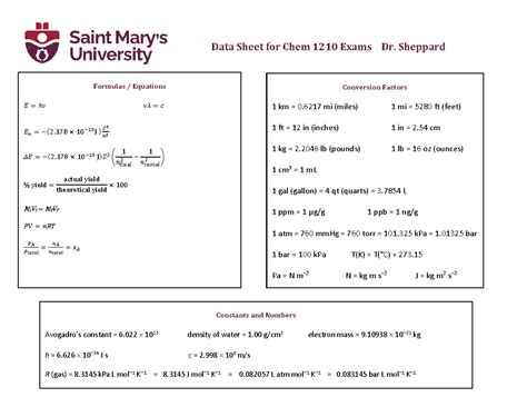 Chem 1210 Data Sheet For Exams Data Sheet For Chem 1210 Exams Dr Sheppard Formulas