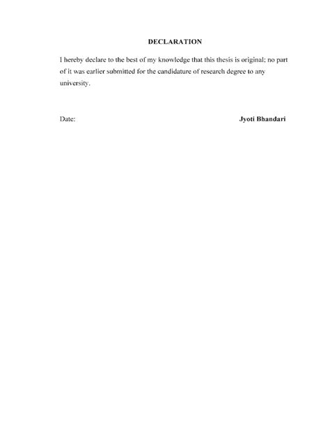 Fillable Online DECLARATION I Hereby Declare To The Best Of My Knowledge That This Thesis Is