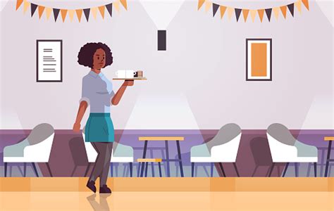 트레이 아프리카 계 미국인 여성 카페 노동자 바리스타에 커피와 케이크를 들고 웨이트리스 디저트 현대 카페테리아 내부 전체 길이 수평 카푸치노 의 두 컵을 들고 앞치마 가공의