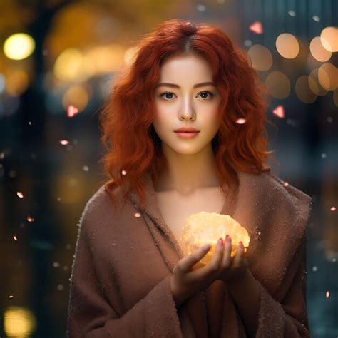 Premium AI Image Photo Of Redhead Asian Woman Holding A Foundation Sponge Autumn Raind Concept