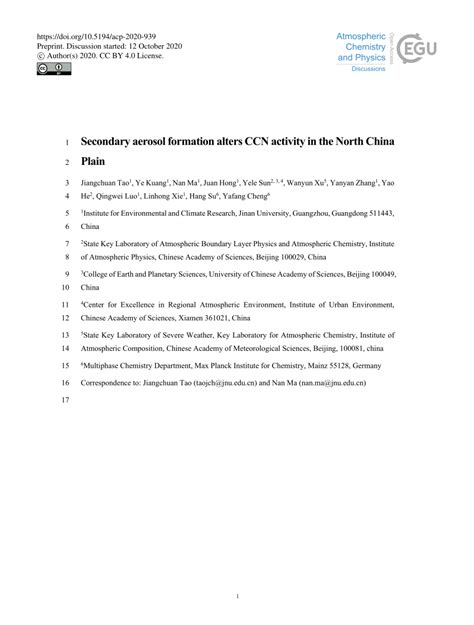 Pdf Secondary Aerosol Formation Alters Ccn Activity In The North China Plain