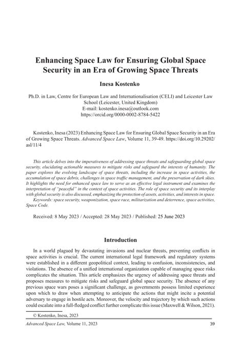 Pdf Enhancing Space Law For Ensuring Global Space Security In An Era Of Growing Space Threats
