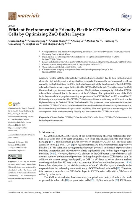 pdf efficient environmentally friendly flexible cztsse zno solar