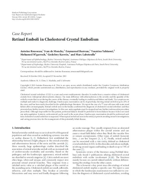 Pdf Retinal Emboli In Cholesterol Crystal Embolism