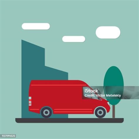 건물과 나무가 있는 도시 거리의 자동차 또는 밴 평면 벡터 일러스트입니다 빨강에 대한 스톡 벡터 아트 및 기타 이미지 빨강 화물차 개념 Istock