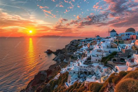 Breathtaking Sunset Over The Aegean Sea With Whitewashed Buildings