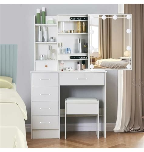 조명 및 거울 테이블 세트가 있는 Caulitar 메이크업 화장대 서랍이 소형 헐리우드 거울 보관 선반이 티몬