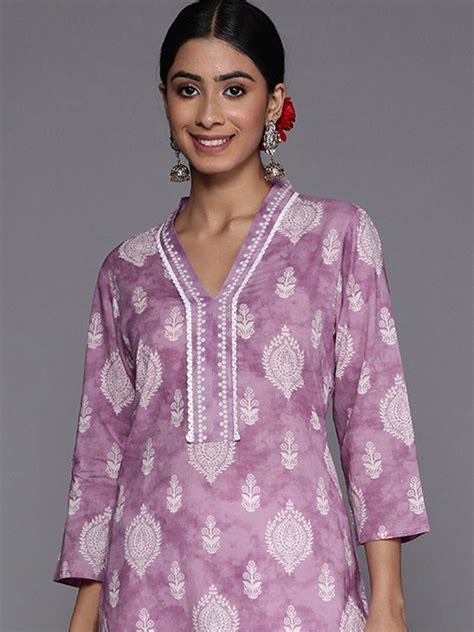 Buy Varanga Lavender Floral Jaipuri Printed V Neck Cotton Straight