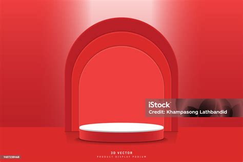 3개의 아치 모양 배경이 있는 제품 전시를 위한 사실적인 빨간색과 흰색 3d 무대 실린더 받침대 연단이 있는 3d 스튜디오 룸 제품 프레젠테이션 3d 벡터 렌더링을 위한