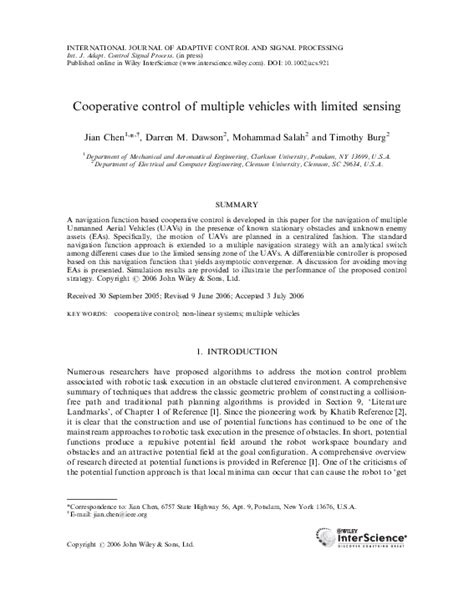 Pdf Cooperative Control Of Multiple Vehicles With Limited Sensing