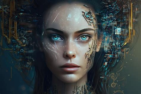 우리 삶에 기술 도입 소녀 사이보그 미래 메커니즘 사이버 이식 현대화 남자 로봇 높은 세부 디지털 문화 지능 공상 과학 Ai의 개념 프리미엄 사진