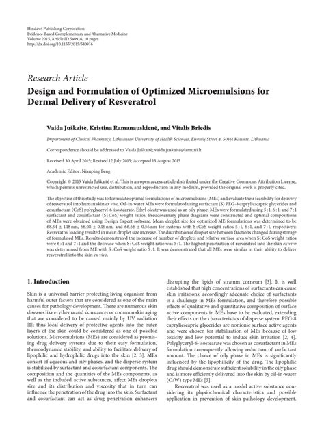 Pdf Design And Formulation Of Optimized Microemulsions For Dermal Delivery Of Resveratrol