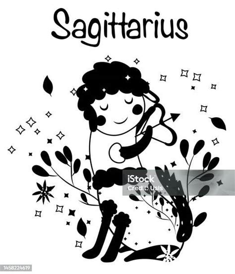 흑백 궁수자리 점성술 기호 화려한 나뭇잎과 별이 있는 재미있는 조디악 표지판 궁수 자리 포스터 로고 카드에 적합합니다 벡터 그림입니다 0명에 대한 스톡 벡터 아트 및 기타