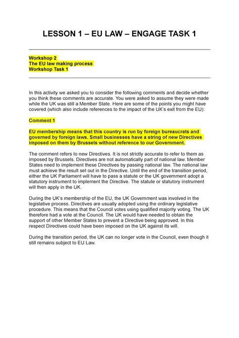 Lesson 1 Eu Law Engage Task Lesson 1 Eu Law Engage Task 1 Workshop 2 The Eu Law Making