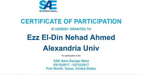 Certificate Of Participation In Sae Aero Design West In Usa Freelancer
