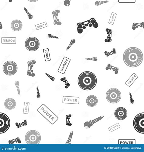Set Gamepad Microphone Vinyl Disk And Power Button On Seamless Pattern Vector Stock Vector
