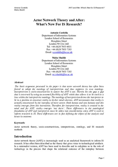 Pdf Actor Network Theory And After Whats New For Is Research