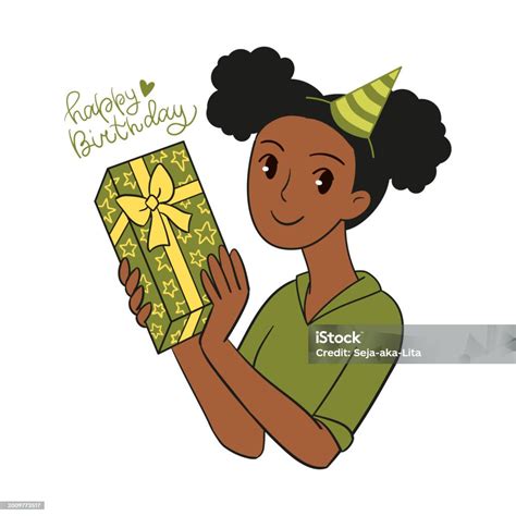 손에 선물 상자를 들고 귀여운 만화 아프리카 계 미국인 소녀의 평면 벡터 그림 검정 머리에 대한 스톡 벡터 아트 및 기타 이미지 검정 머리 공휴일 교환 Istock