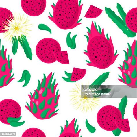 드래곤 프루트 또는 달콤한 레드 피타야 이국적인 과일 꽃과 흰색 배경에 잎 벡터 만화 원활한 패턴 0명에 대한 스톡 벡터 아트