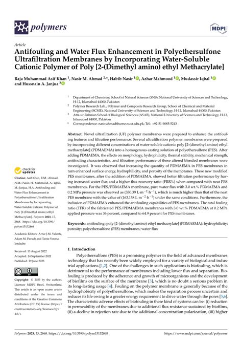 Pdf Antifouling And Water Flux Enhancement In Polyethersulfone Ultrafiltration Membranes By