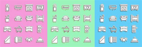 음식 트레이 디지털 도어 잠금 장치 호텔 객실 침대 인테리어 벽난로 소파 병 샴페인 방해하지 말고 욕조 아이콘으로 덮인 세트