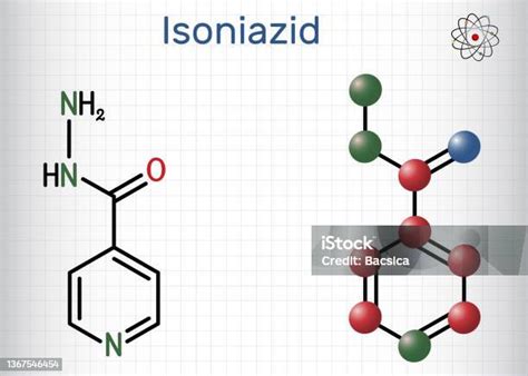 이소니아지드 이소노틴산 히드라지드 Inh 분자 그것은 항생제 근균 감염을 치료 하는 데 사용 주로 결핵 구조 화학 공식 분자 모델 케이지에 종이 시트 0명에 대한 스톡 벡터