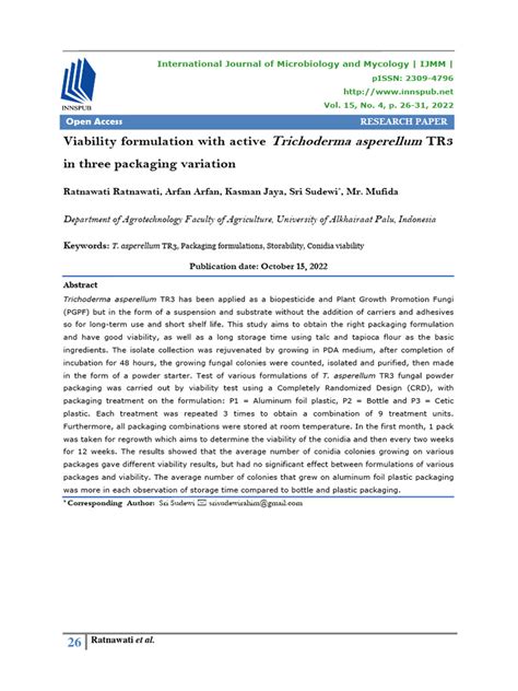 Viability Formulation With Active Trichoderma Asperellum Tr3 In Three Packaging Variation Pdf
