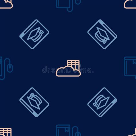 Set Line Electronic Book With Mouse Online Education And Cloud Or