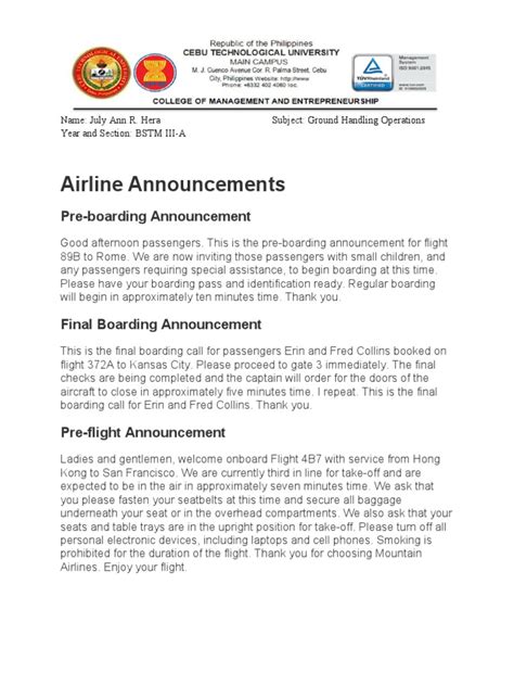 Written Report Airline Announcement Pdf