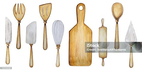 손으로 그린 나무 부엌 액세서리 흰색 배경에 고립 된 수채화 그림을 굽기위한 큰 세트 그것은 요리 시간입니다 베이킹 도구 숟가락