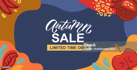 가을의 문자 타이포그래피가 있는 가을 판매 벡터 일러스트 템플릿 가을 판매 아이콘 배지 포스터 서명 배너 사과 잎 석류 엽서