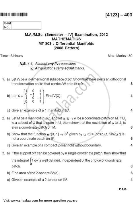 Differential Manifolds 2011 2012 M Sc Mathematics Semester 4 Question Paper With Pdf Download