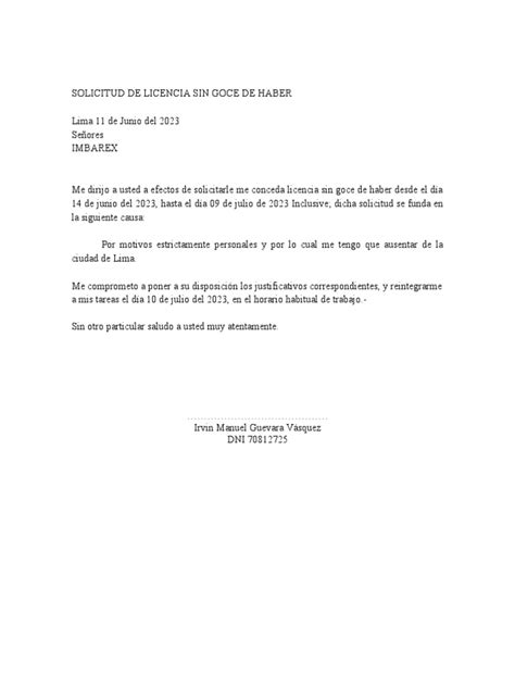 Solicitud Licencia Sin Goce De Haber Pdf
