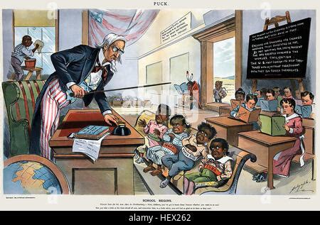Satirical Cartoon In Puck Uncle Sam Put In Chains Watching Ships