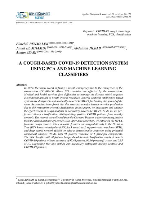 PDF A COUGH BASED COVID DETECTION SYSTEM USING PCA AND MACHINE LEARNING CLASSIFIERS