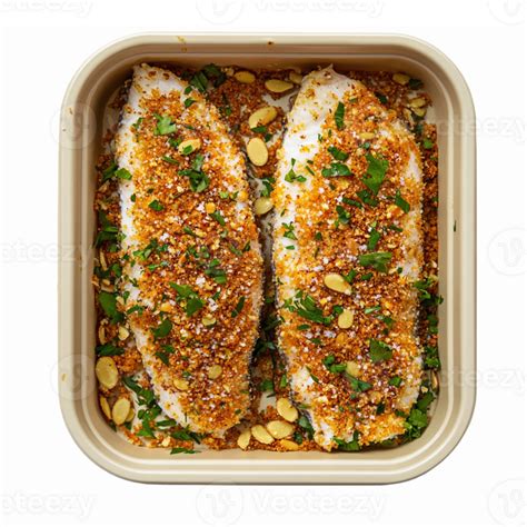 Baked Fish Fillets With Almond Crust Fresh Herbs And Spices In Cooking
