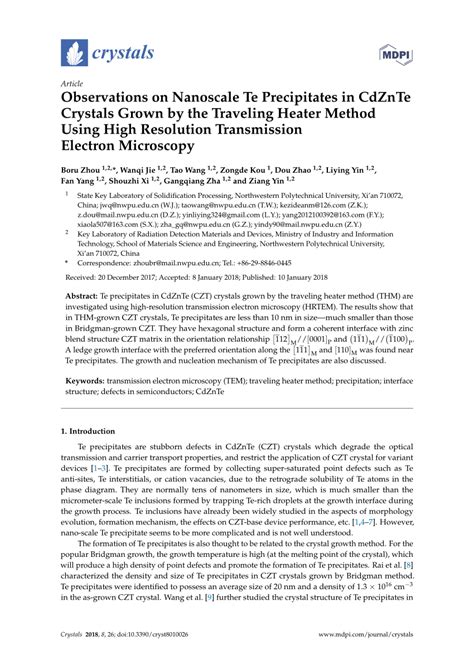 Pdf Observations On Nanoscale Te Precipitates In Cdznte Crystals Grown By The Traveling Heater