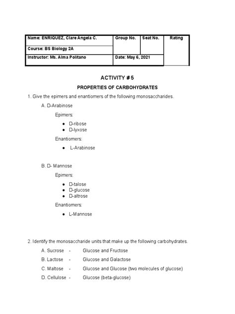 Enriquez Clare Angela C Lab Activities In Biochem Carbohydrates Pdf