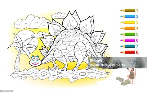 어린이를 위한 수학 교육 색칠 공부 덧셈과 뺄셈에 대한 수학 연습 예제를 풀고 공룡을 칠하세요 계수 기술 개발 아이들을 위한 인쇄 가능한 워크시트 시력에 대한 스톡 벡터