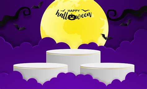 해피 할로윈 세일 테마 상품 디스플레이 연단 보라색 배경에 박쥐와 디자인 종이 아트 스타일 벡터 0명에 대한 스톡 벡터 아트 및